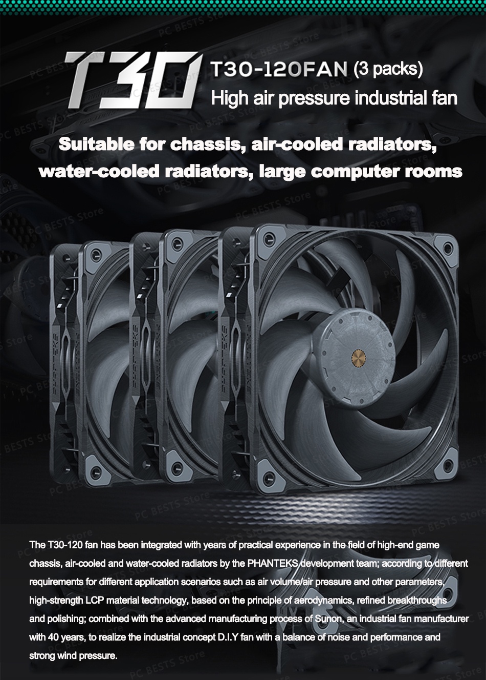PHANTEKS T30 120mm Industrial Grade Cooling Fan Vapo Bearings PWM ...