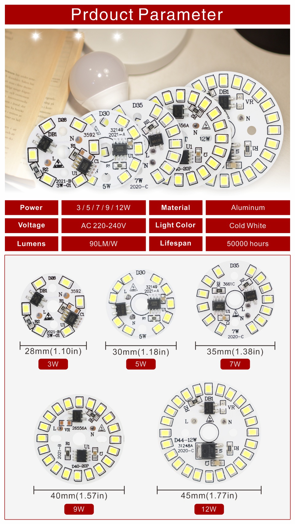Got Liang LED Chip 3W 5W 7W 9W 12W for Light Bulb 90 Lumen/W 2835SMD Round Light Beads AC 220V ...