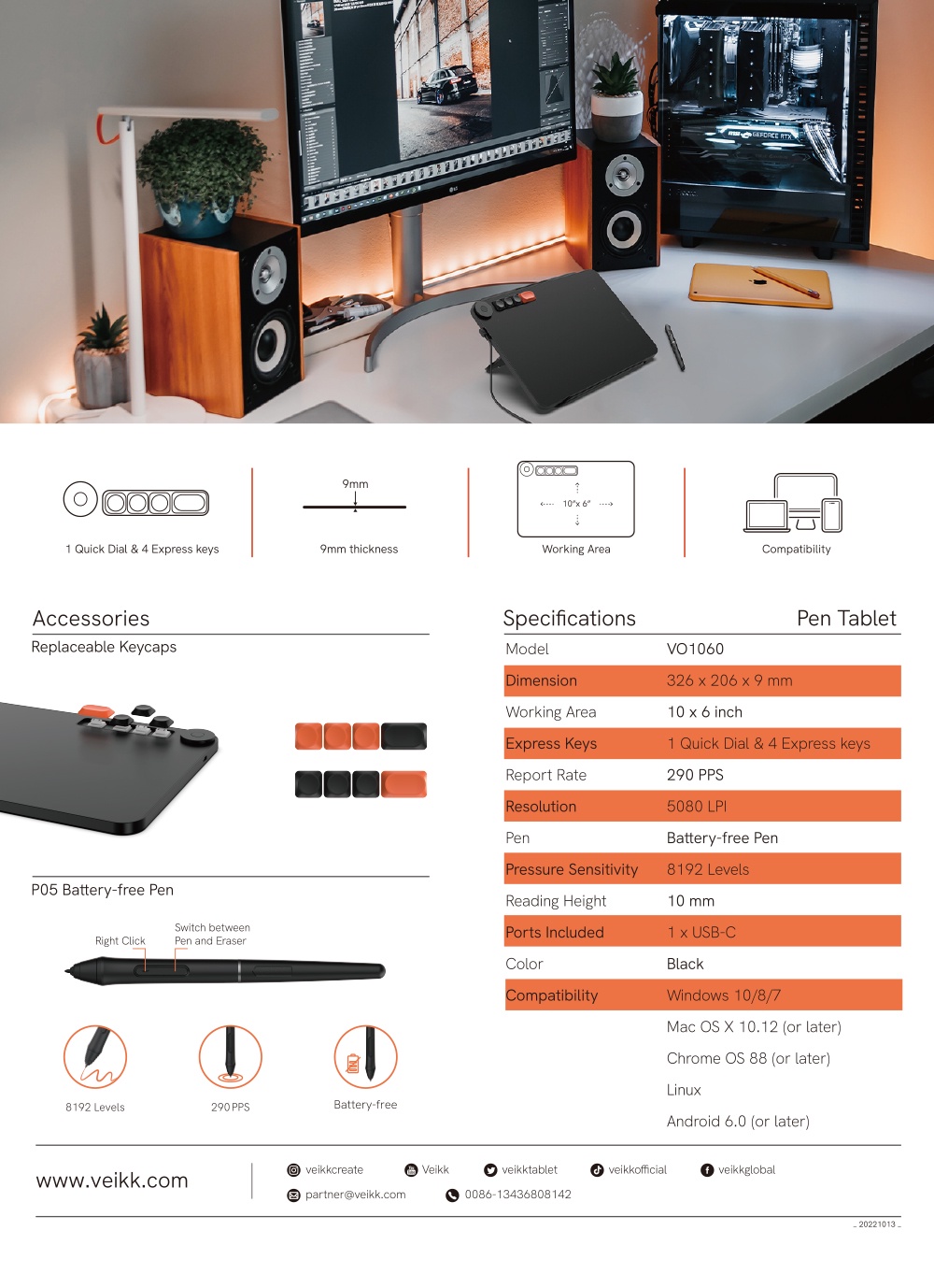 VEIKK Voila L Pen Tablet 10x6 Inch With 8192 Level Battery Free Pen ...