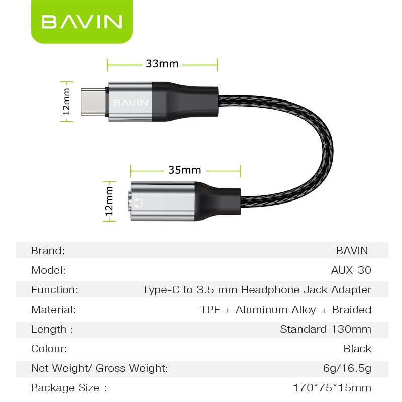 BAVIN AUX30 Earphone Headphone Adapter w/ Female Type-C to 3.5mm USB ...