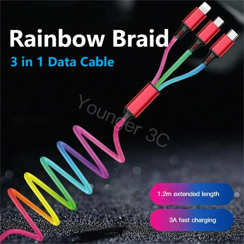 3 in 1 Rainbow Fast Charge Cable Colorful USB A Data Cable Rainbow ...