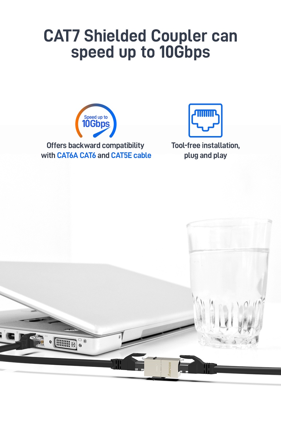 AMPCOM CAT7 Keystone Coupler Jack, CAT7 RJ45 Inline Coupler Keystone ...