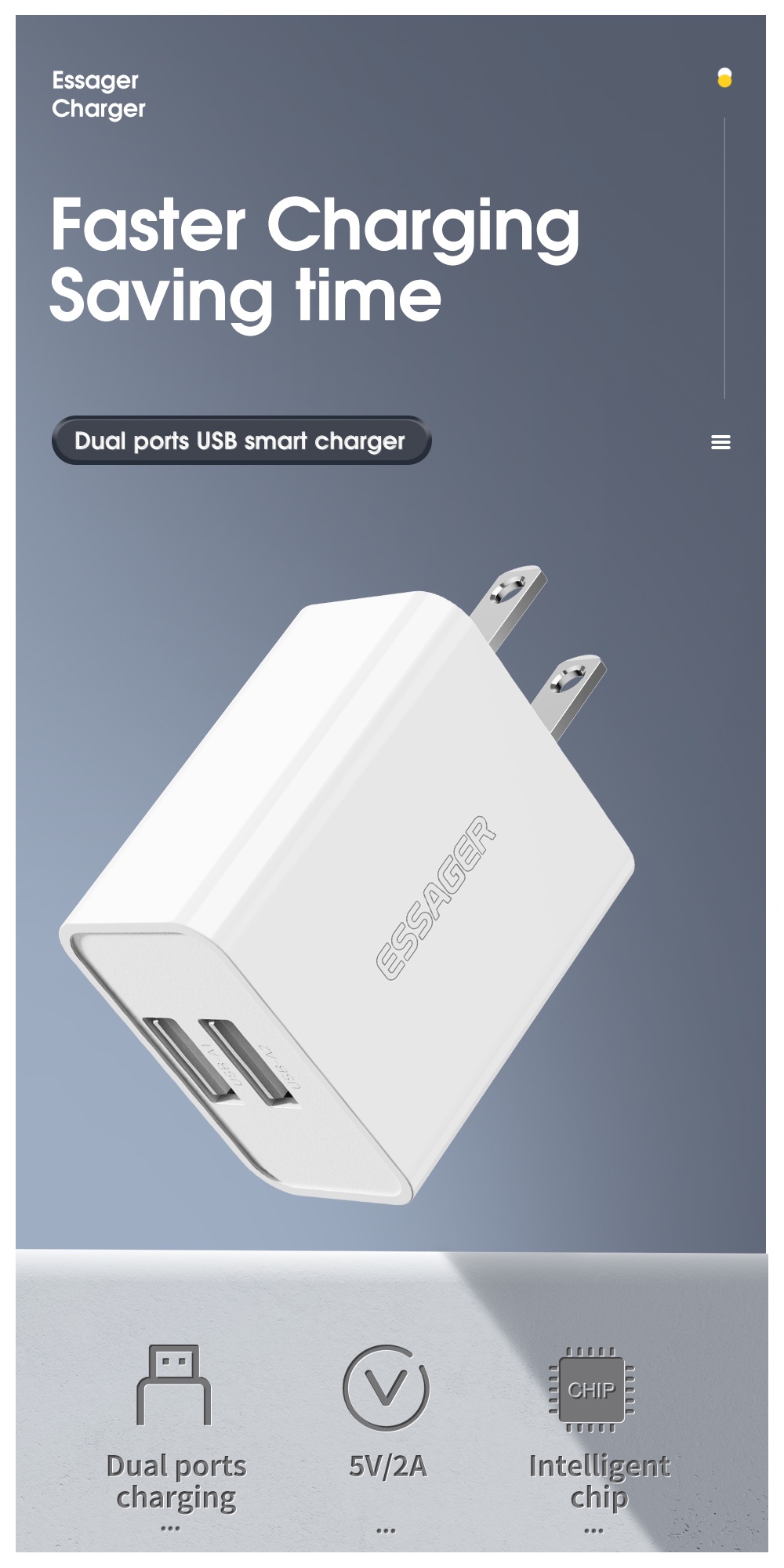 Essager travel charger 5V/2A dual port usb charger plug Android phone ...