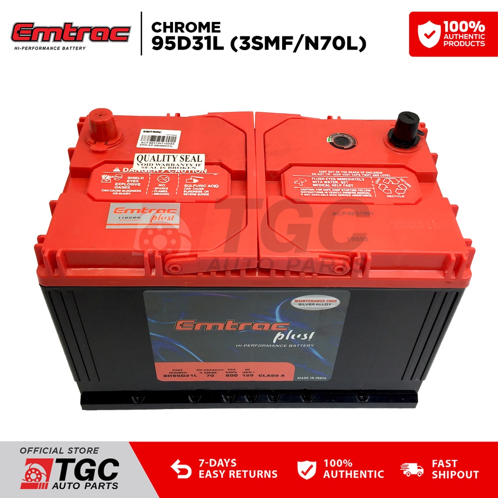 EMTRAC PLUS Chrome 95D31L (3SMF/N70L) 12V / 70AH RC mins 125 SAE/CCA ...