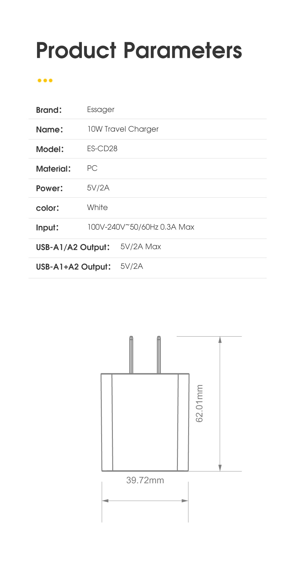 Essager Travel Charger 5V/2A Dual Port Usb Charger Plug Android Phone 10w Fast Charge Charger ...