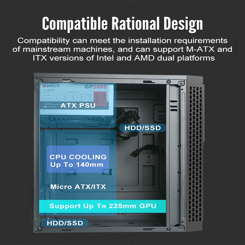 INPLAY PC Case Computer Desktop Case with Pre-Installed GS200BK PSU 2 ...