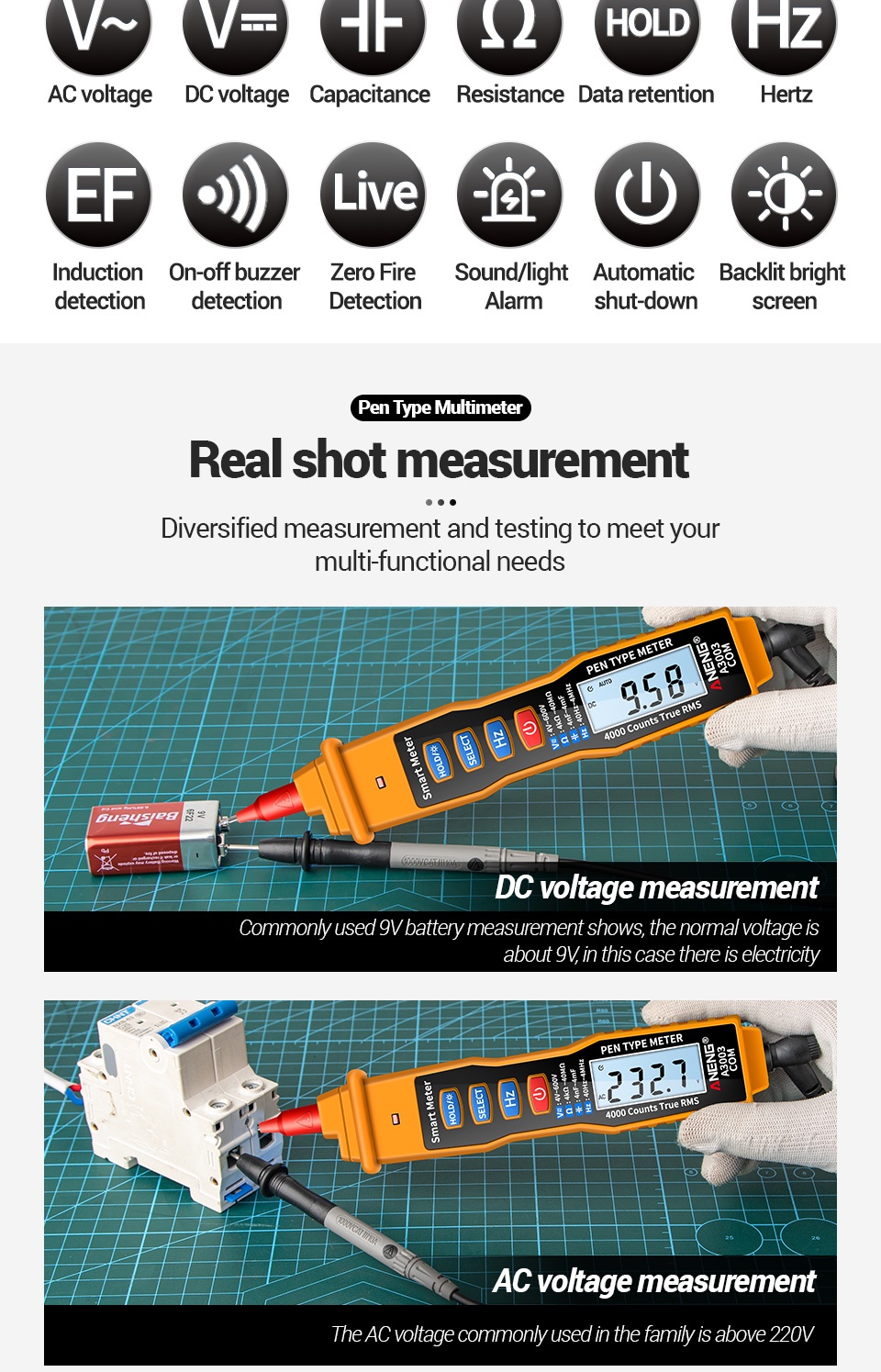 Digital Multimeter Pen Type Meter 4000 Counts with Non Contact AC/DC ...