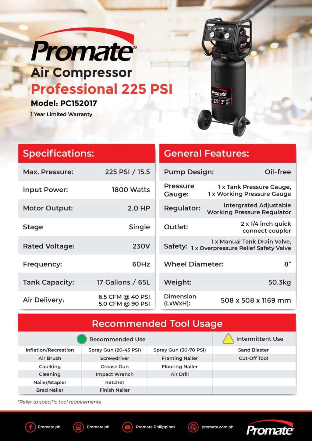 Promate Professional 225 PSI Air Compressor (FREE:1/4"Female Quick ...
