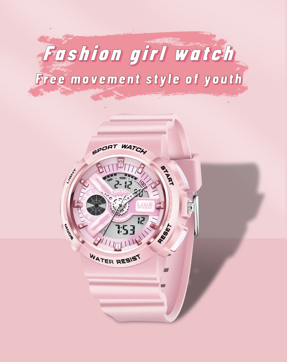 LIGE Fashion Quartz Digital Sport Woman Watches LED Dual Display ...