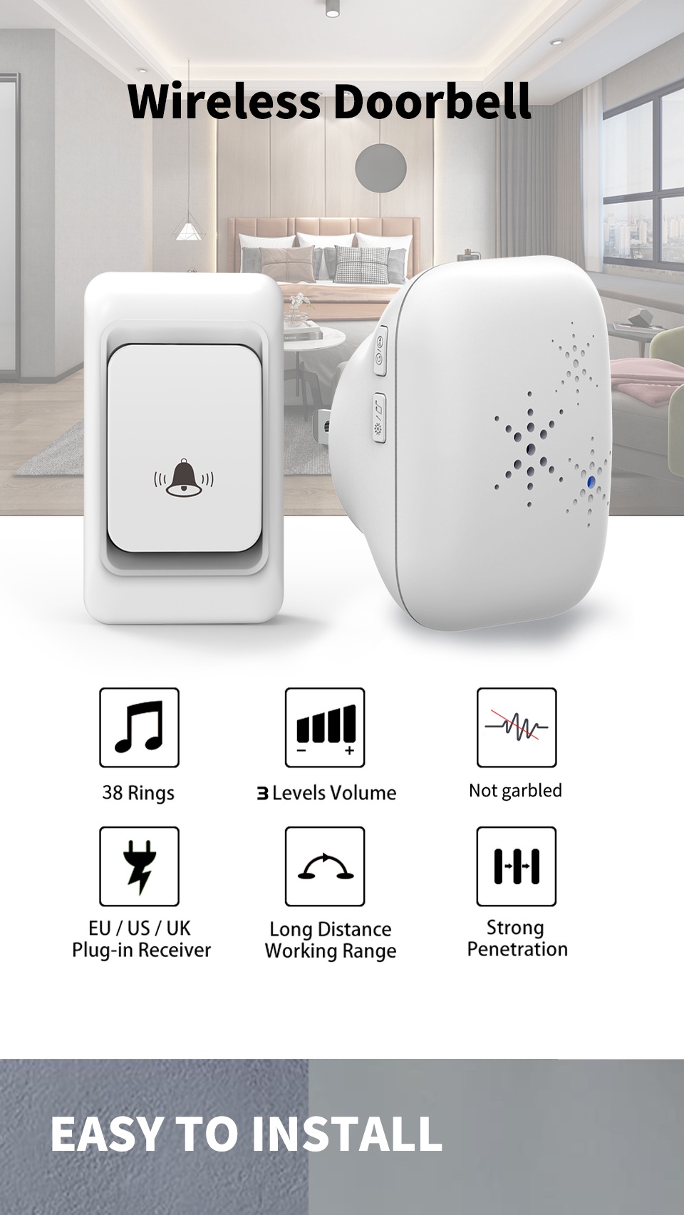 SIXWGH Door bell Wireless Doorbell residential doorbell 300M range 38 chime | Shopee Philippines