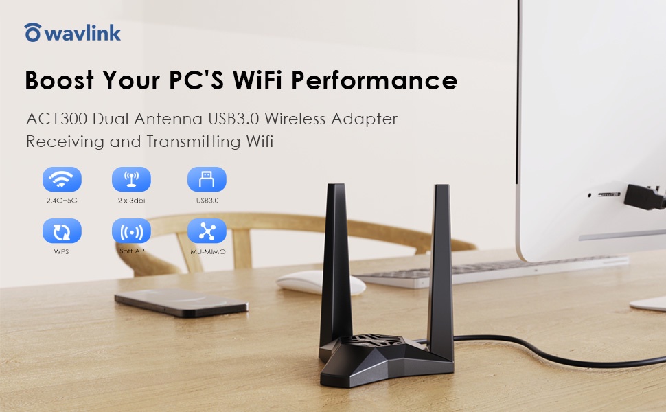 WAVLINK AC1300 USB 3.0 Wireless Adapter Dual Band 2.4G 5G High Gain ...