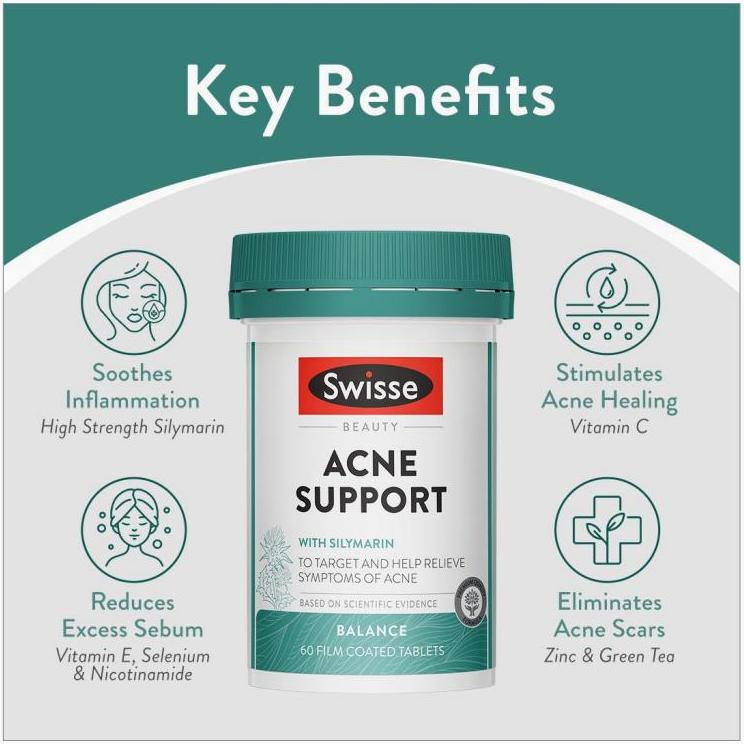 Swisse Beauty Acne Support 60 Film Coated Tablets with Silymarin Help Relieve Symptoms of Acne ...
