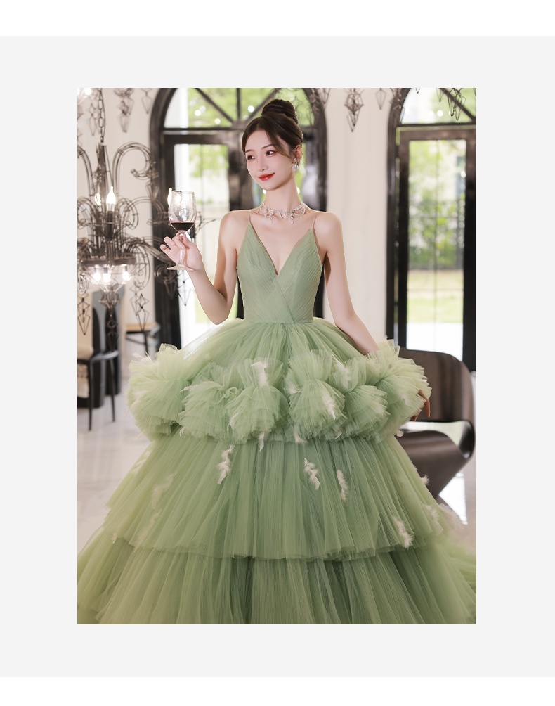 Green suspender evening dress gown banquet dress host fairy tail dress ...