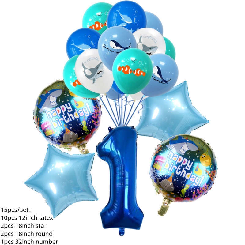 15pcs sea animals Foil Balloons shark fish Helium Number Globos Baby ...