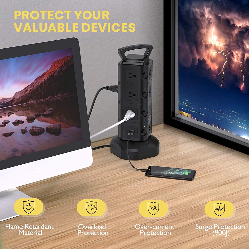 TESSAN Tower Power Extension Socket Multi Plug with USB，Vertical Power ...