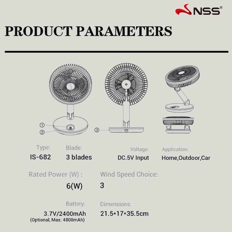 NSS Solar Fan with Panel Rechargeable Fan 8" folding fan with Light ...