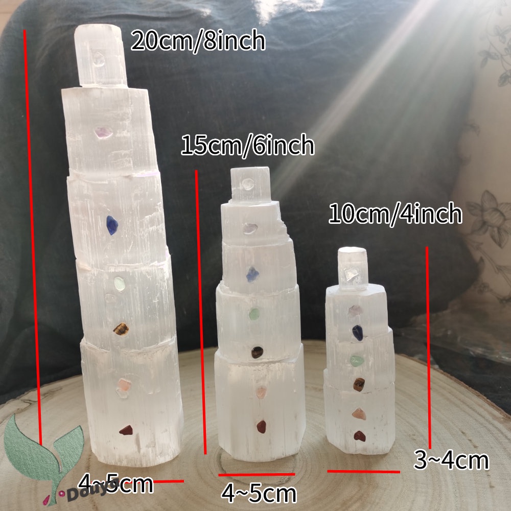 7 Chakra Selenite Skyscraper Tower Lamp,7 Chakra Stones Attached To A ...