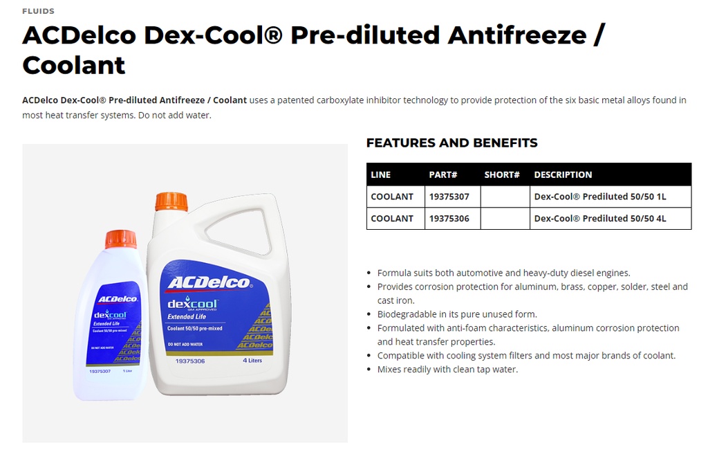 ACDELCO Dex-Cool Extended Life Coolant Pre-mixed 50/50 19375306 - 4 ...