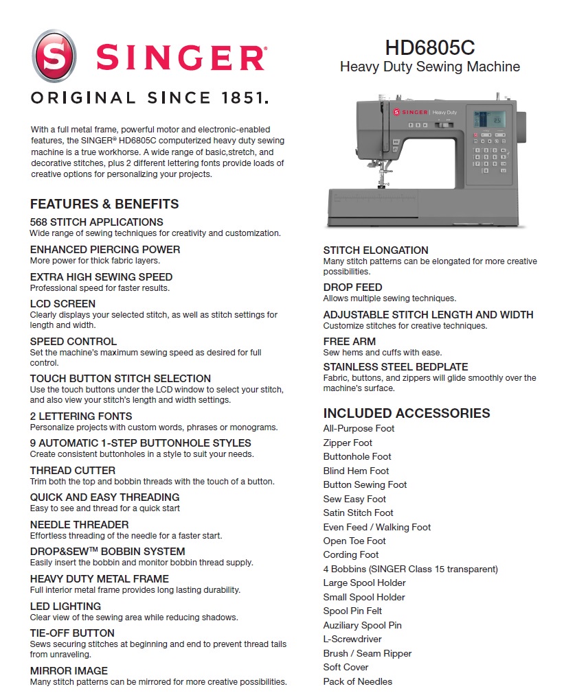 Singer Heavy Duty HD6805C. SERVICE AND WARRANTY BY SINGER PHILIPPINES ...
