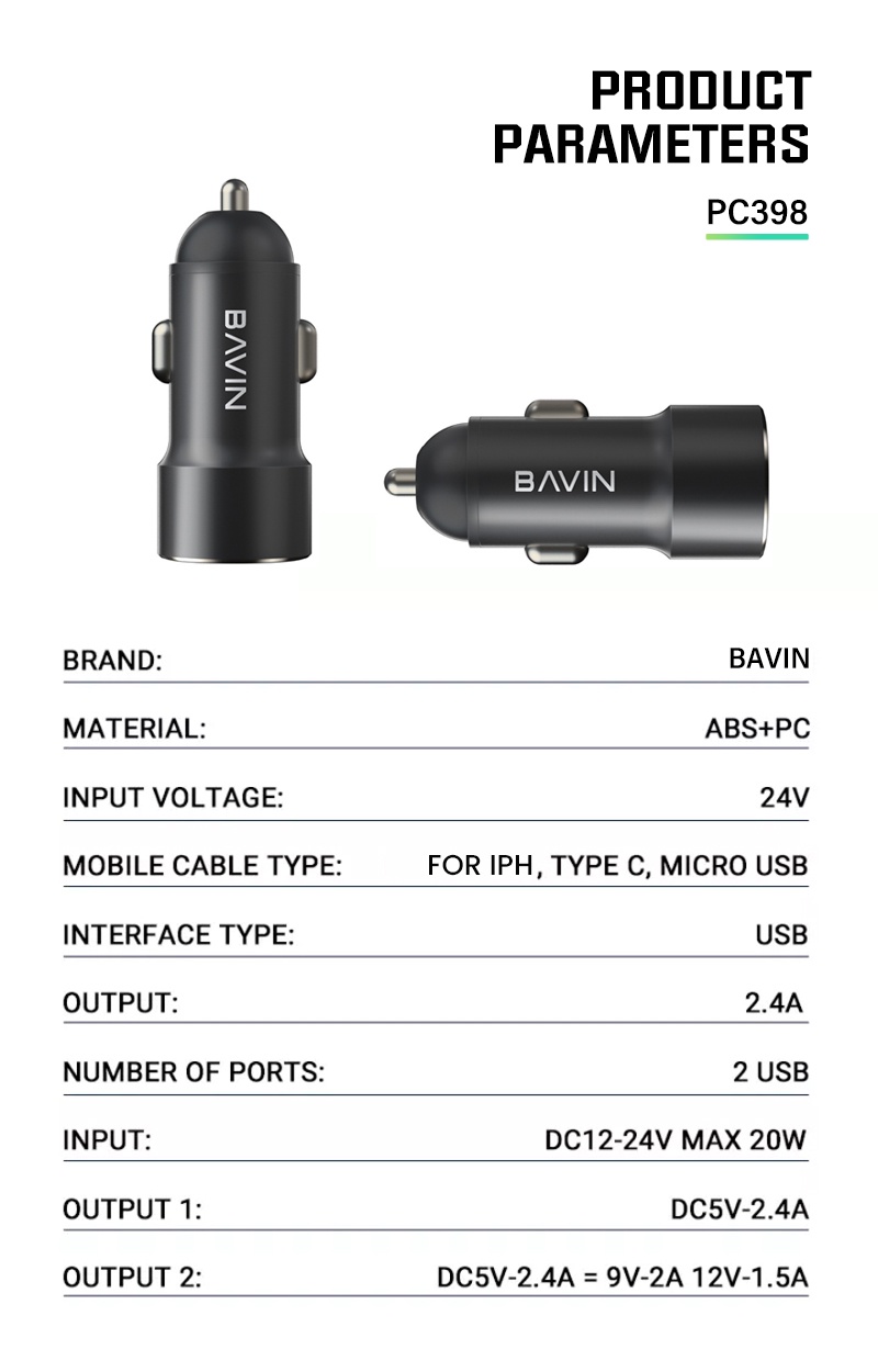 BAVIN PC398 2.4A Quick Car Charger Dual USB Port w/ Cable for Micro ...