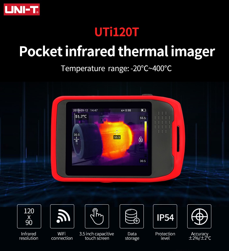 UNI-T Portable Thermal Imager UTi120T -20~400 Celsius 10800 Pixels Infrared Thermal Imager ...
