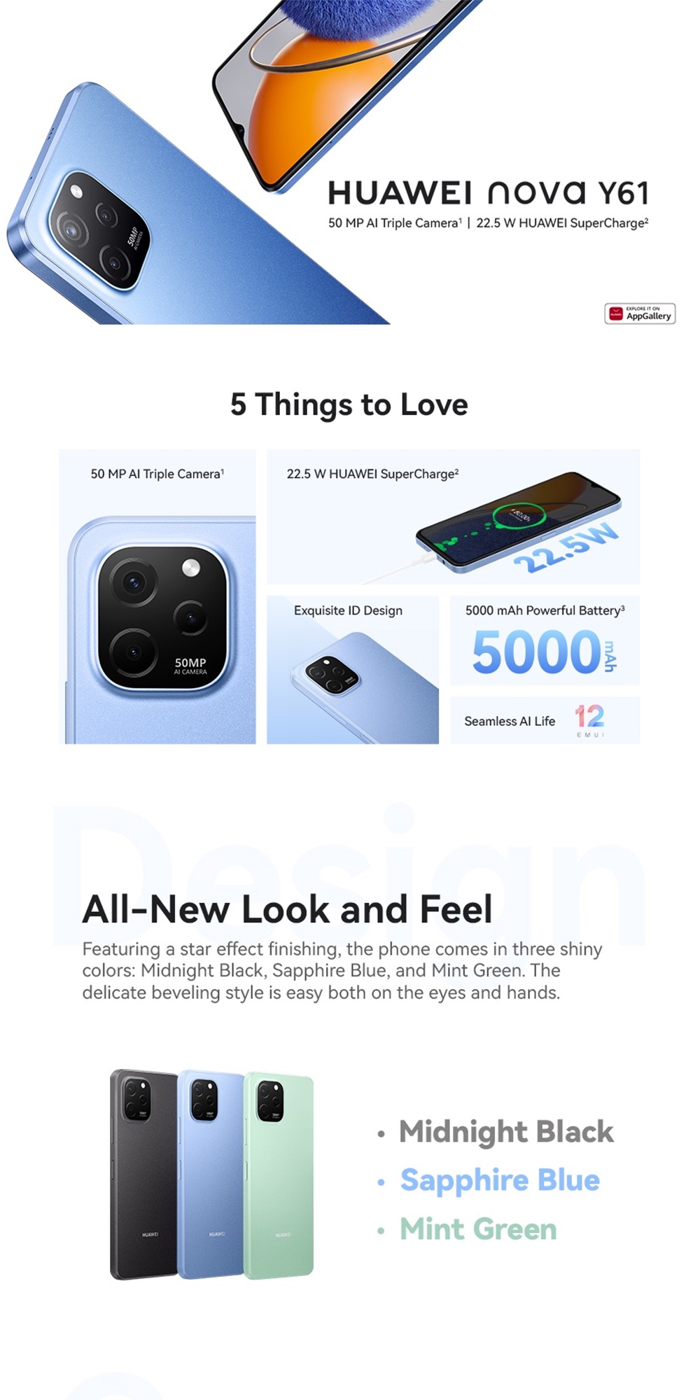 Huawei Nova Y61 Smartphone Ai Triple Camera Super Charge 22.5 W 6gb ...