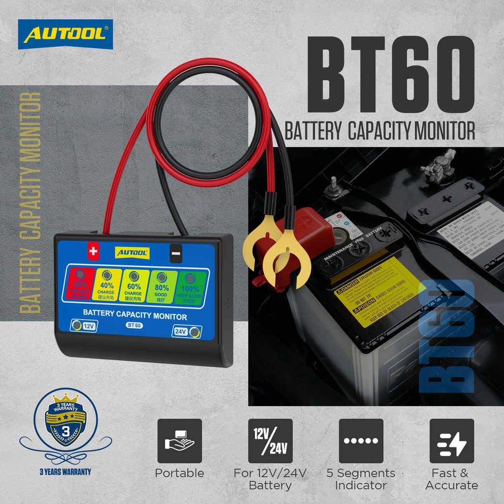 AUTOOL 12V/24V Battery Capacity Monitor Meter Car Battery Tester ...