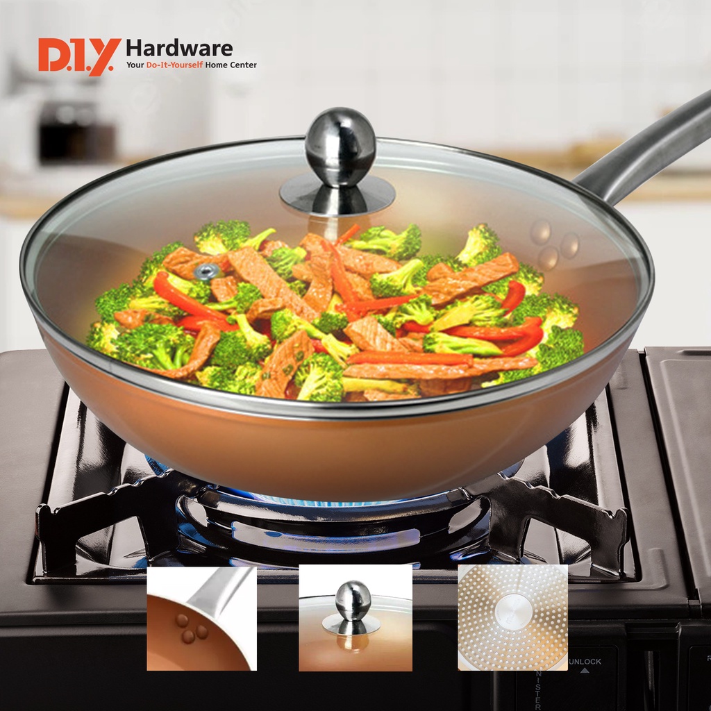 Masflex Non Stick Copper Induction Deep Fry Pan with Glass Lid 28cm ...