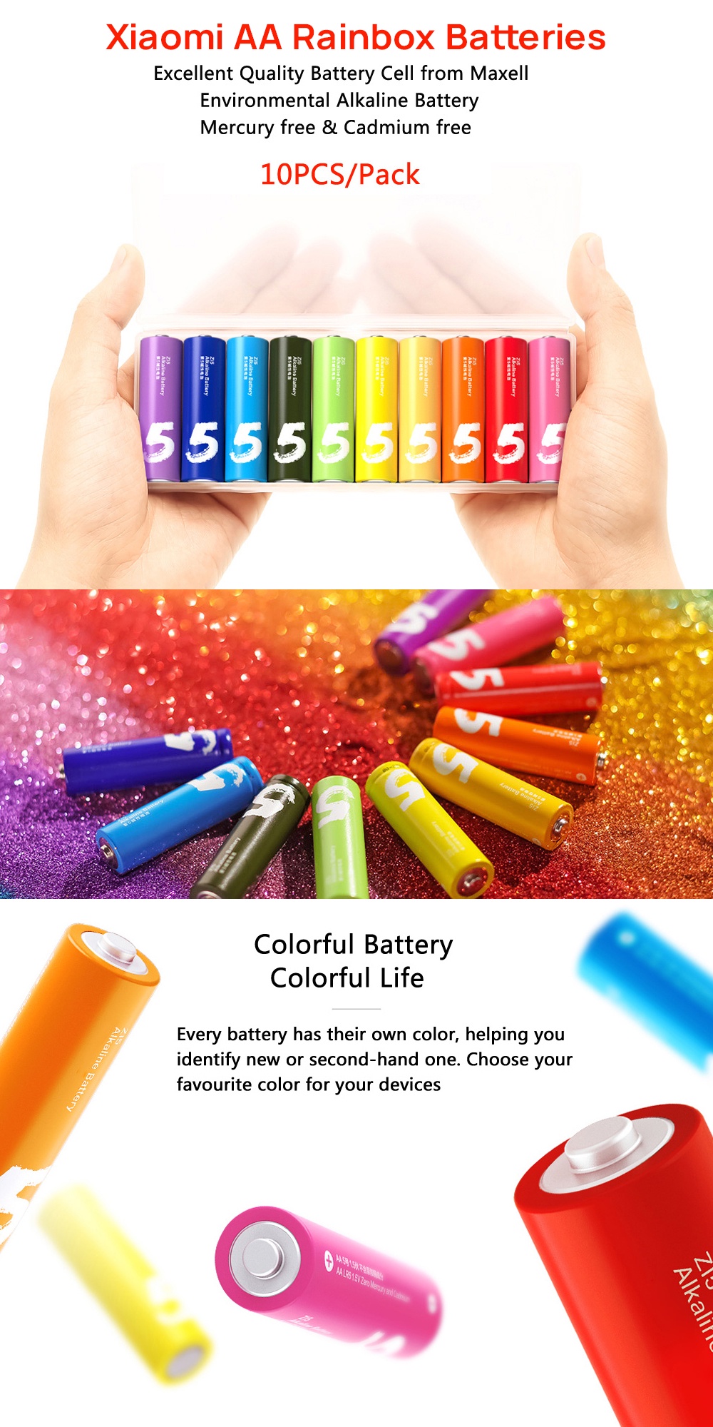 Xiaomi AA Rainbow Batteries (10 count) | AA LR6 Alkaline Battery 1.5V ...
