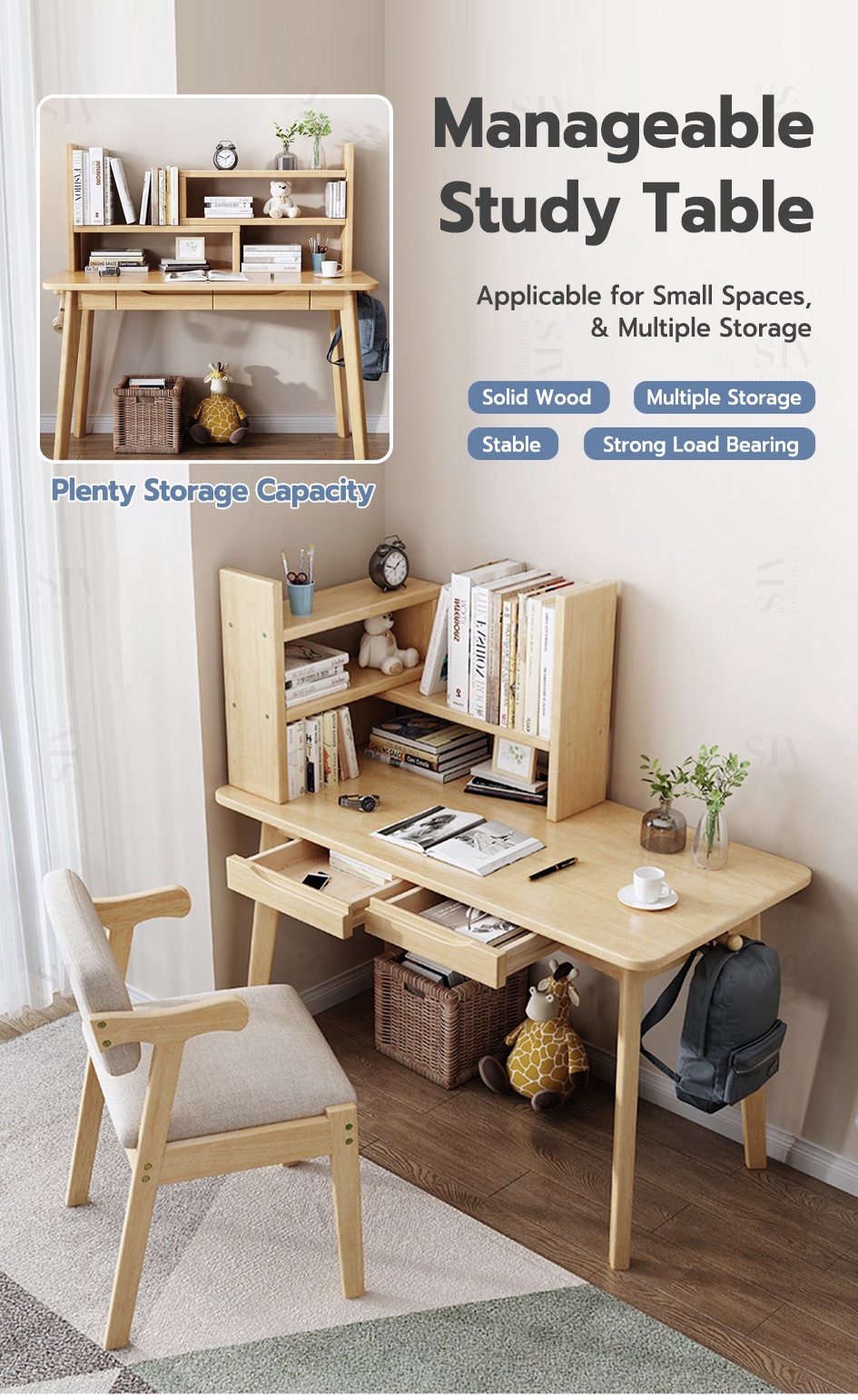 Siv Big Solid Wood Computer Table Study Desk Home Office Desktop ...