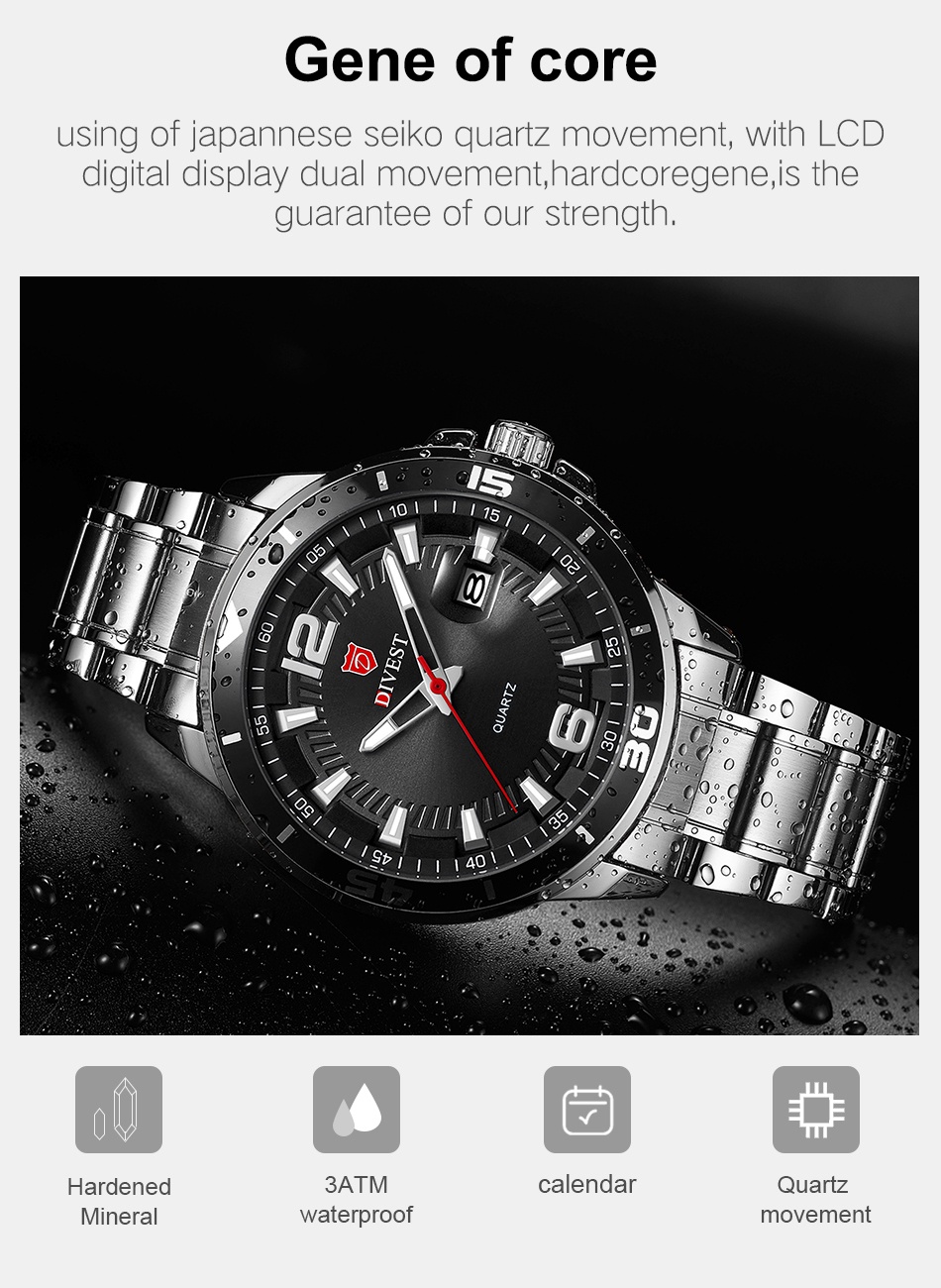 Top Brand DIVEST Watch Men Business Fashion Sport Casual Waterproof Military Date Display Quartz ...