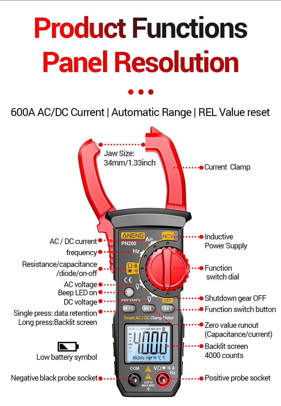 Aneng Pn200 Digital Clamp Meter Dc/Ac 600A Current 4000 Counts ...
