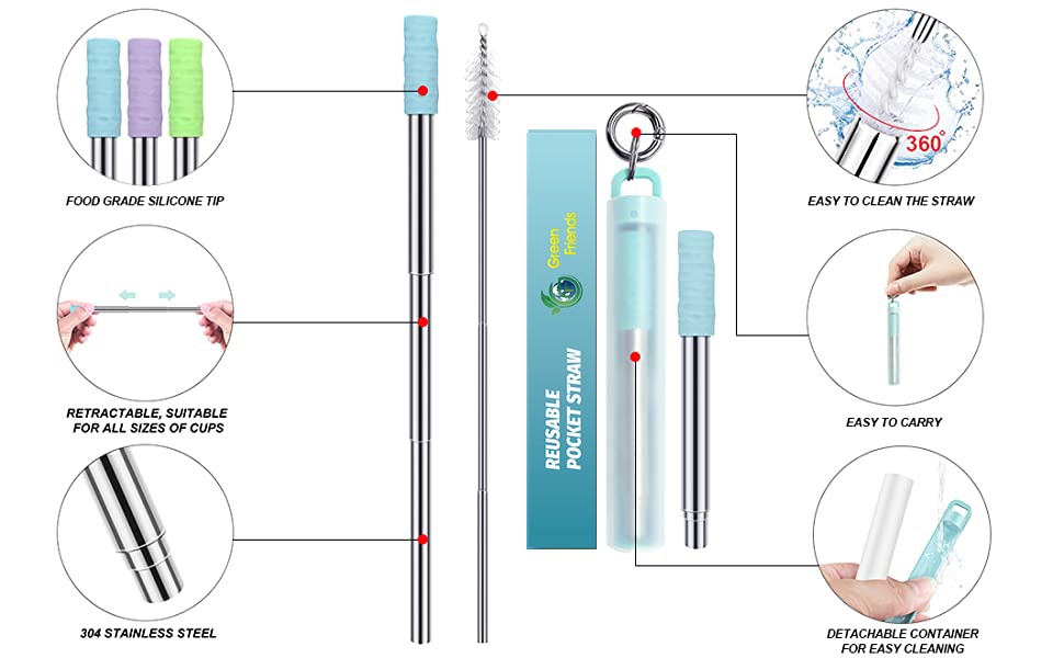 Reusable Collapsible Adjustable Metal Straw for Travel Drinking with ...