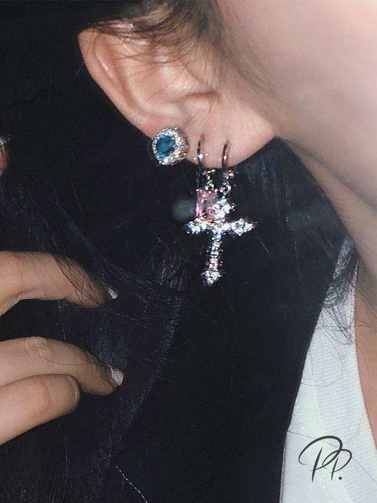 Disco New Earrings Girls New Pink Diamond Square Zircon Cross Ear ...
