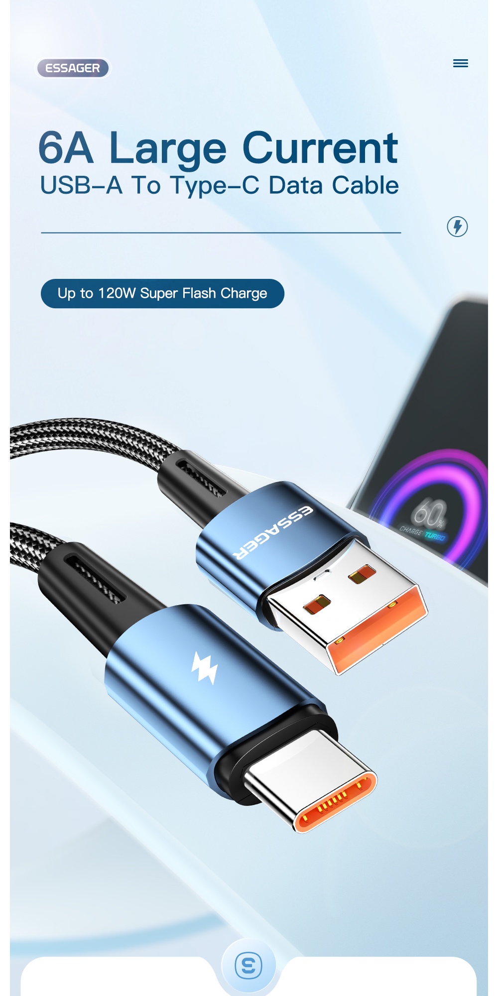 Essager 120W Super Fast Charge Type-C Cable 6A Quick Charge USB Cable ...