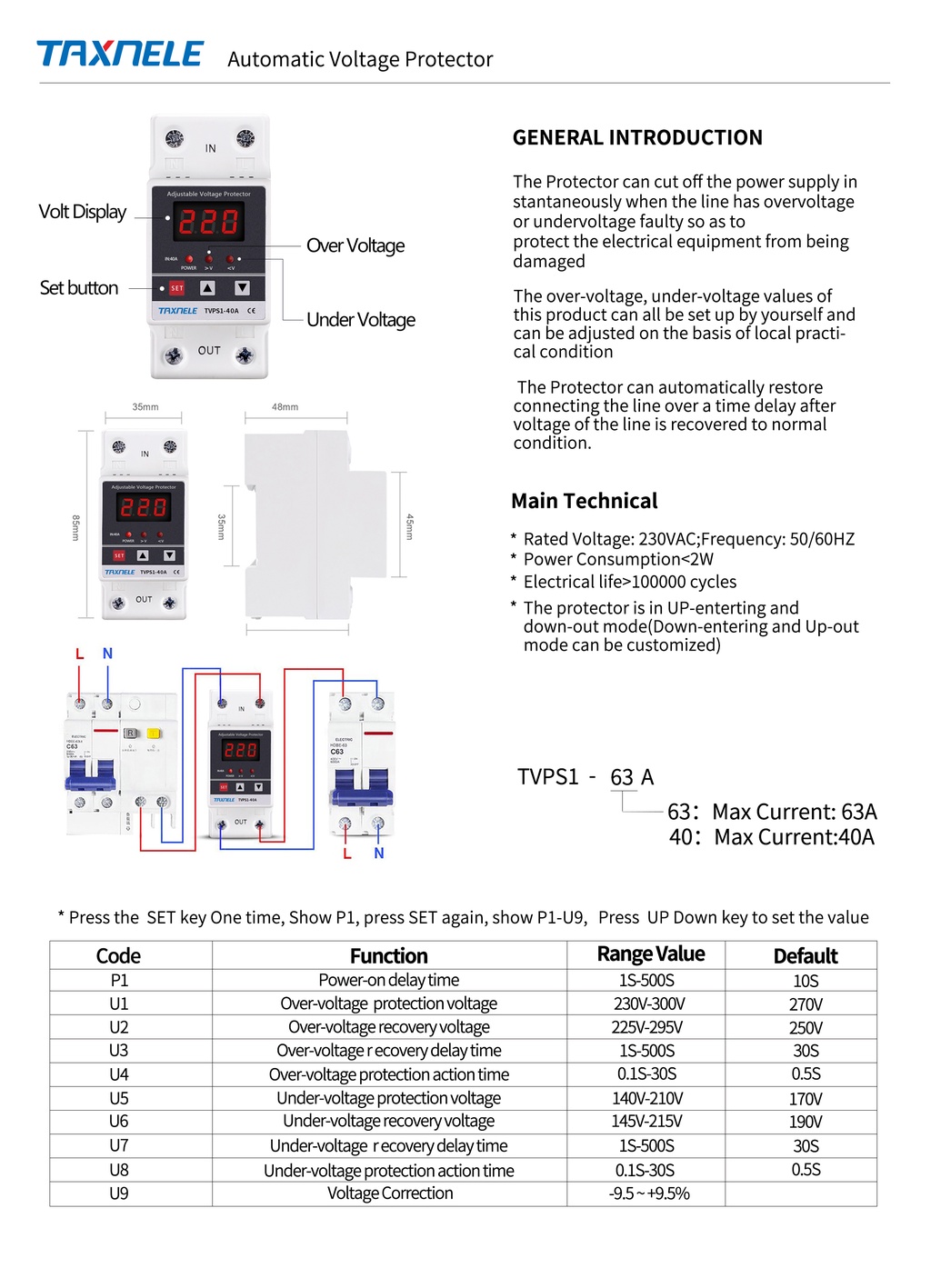digital Voltage Relay 40A 63A din rail Adjustable Protection Over Under ...