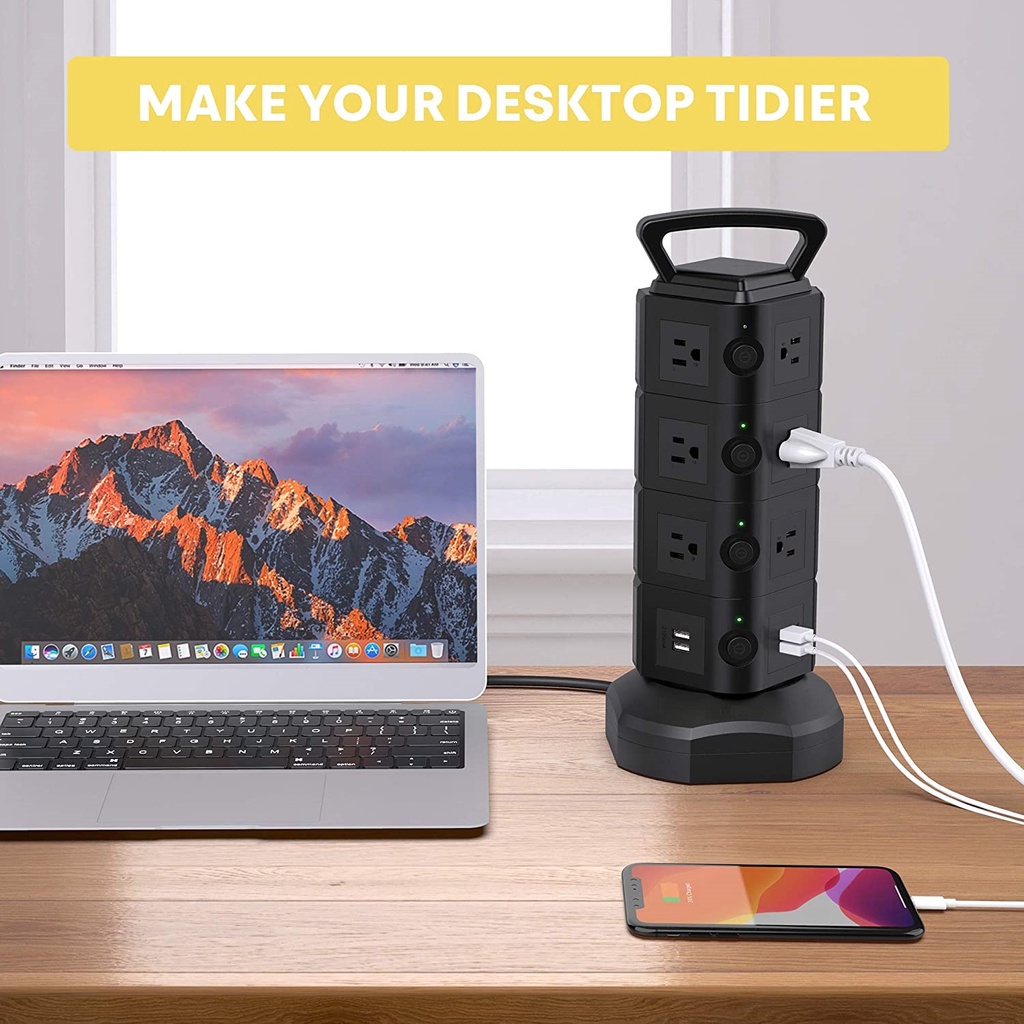 TESSAN Tower Power Extension Socket Multi Plug with USB，Vertical Power ...