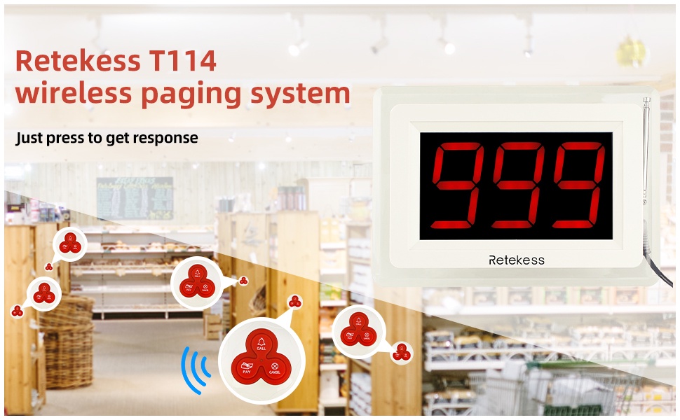 Retekess T114 Wireless Service Call Paging System 999 Channels 6 ...