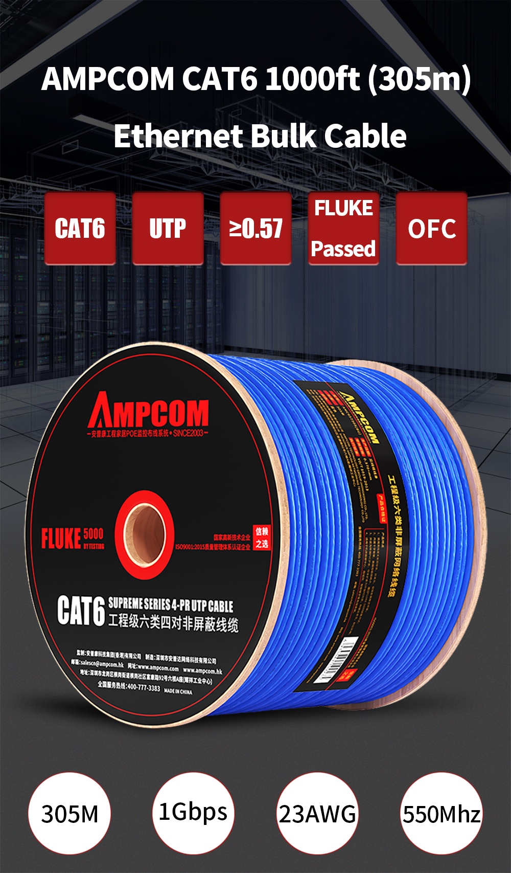 AMPCOM CAT6/5E Ethernet Bulk Cable, 23/24AWG OFC Solid Pure Bare Copper ...