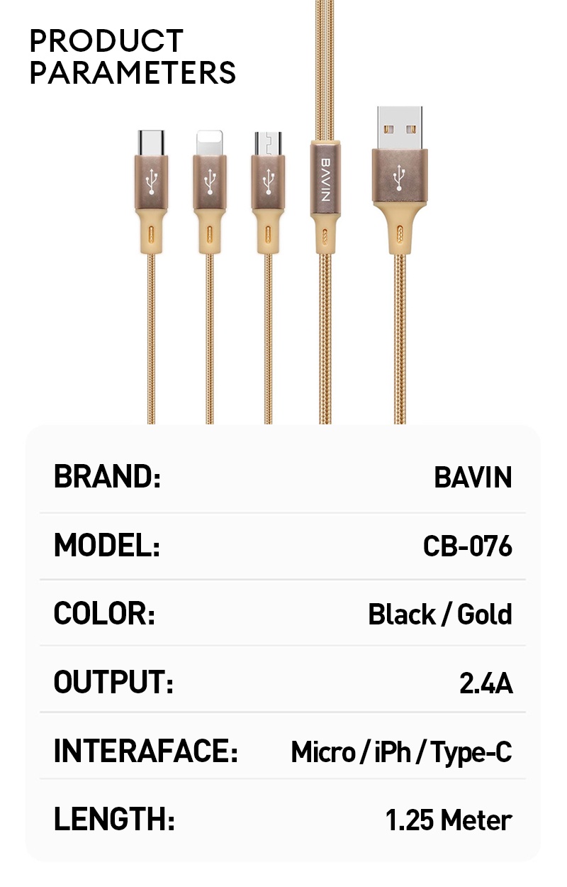 BAVIN CB076 3 in 1 Fast Charging Cable Strong Quality Nylon Braided USB ...