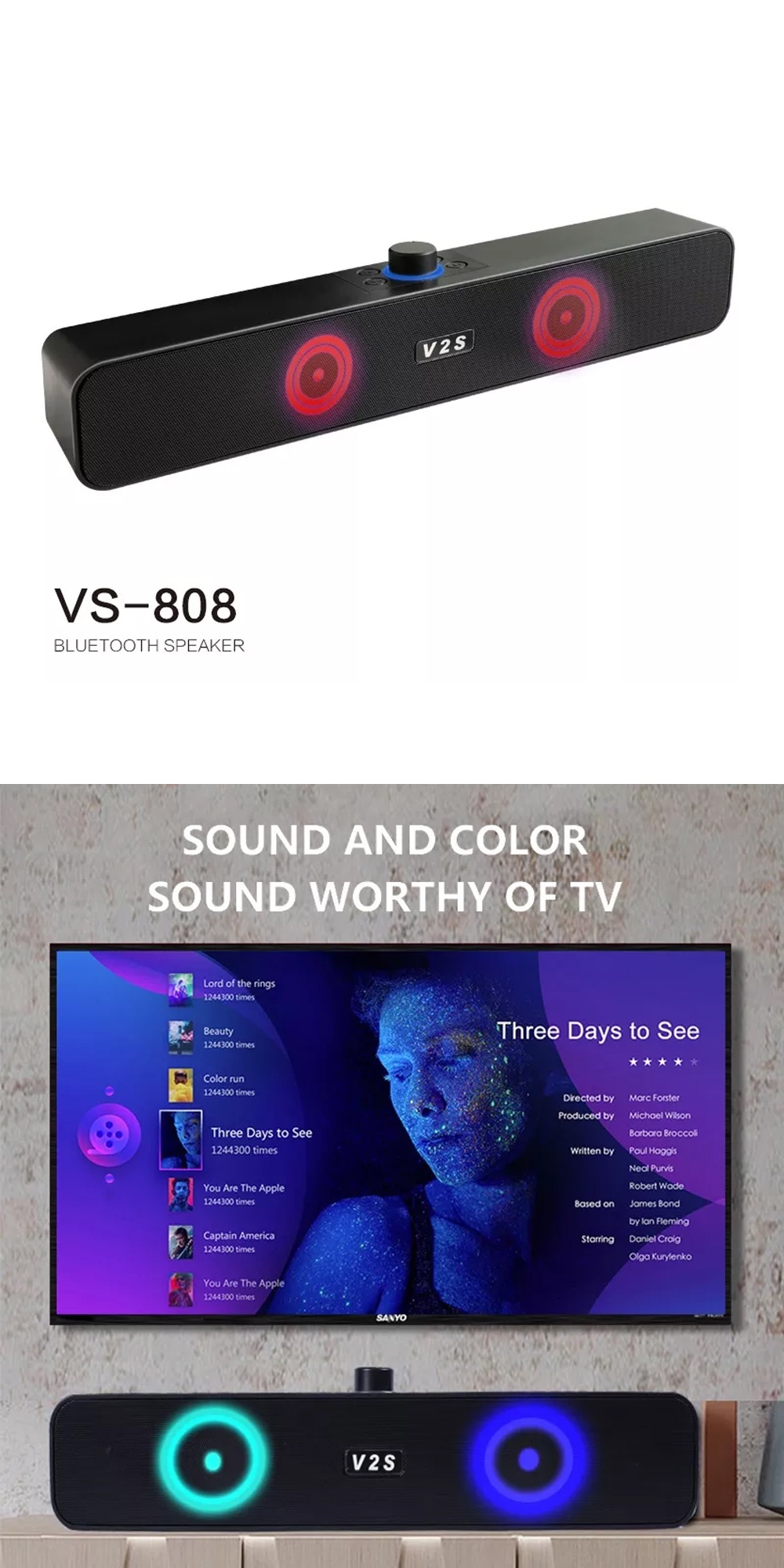 V2S VS-808 Bluetooth Speaker With LED Lighting Knob TF 360° Stereo ...