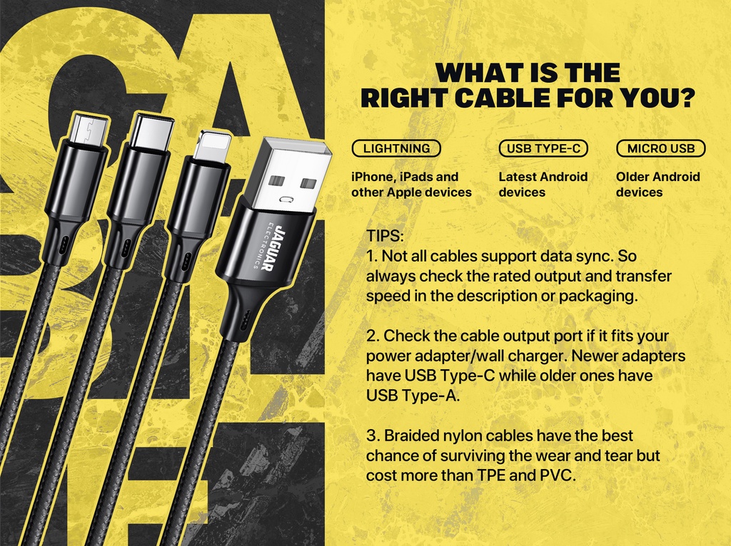 JAGUAR ELECTRONICS CG28 1.5A - 2.8A Fast Charging 3-in-1 Cable Braided ...
