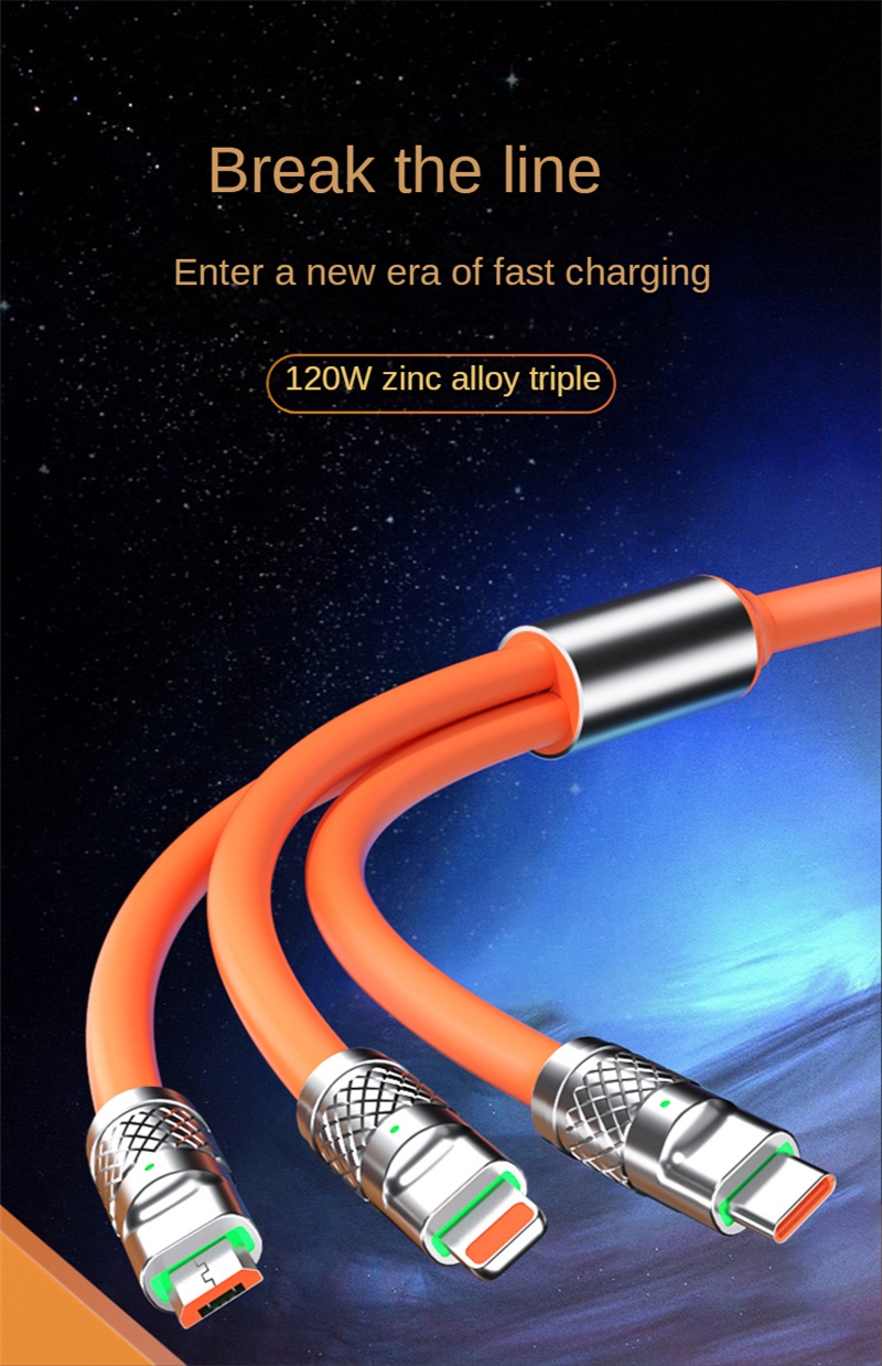 120W 6A Super Fast Charger 3 In 1 Zinc Alloy Charger Cable Type C ...
