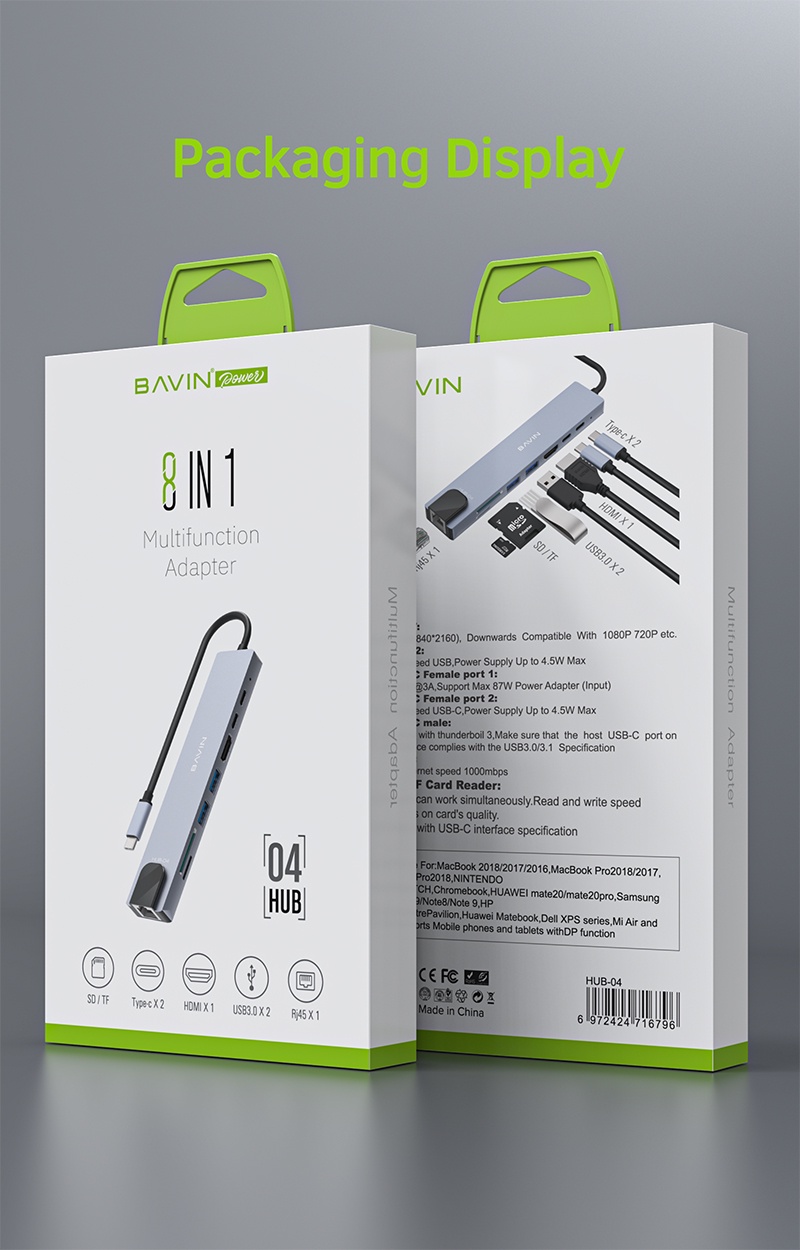 BAVIN I4 8 in 1 Type-C Docking Station Hub Rj45 /4K HDMI /2x Usb 3.0 /2x Type-C /TF Port ...
