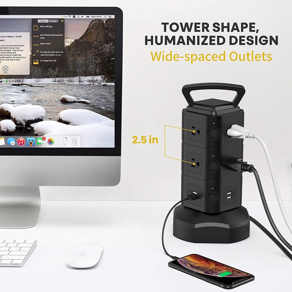 TESSAN Tower Power Extension Socket Multi Plug with USB，Vertical Power ...