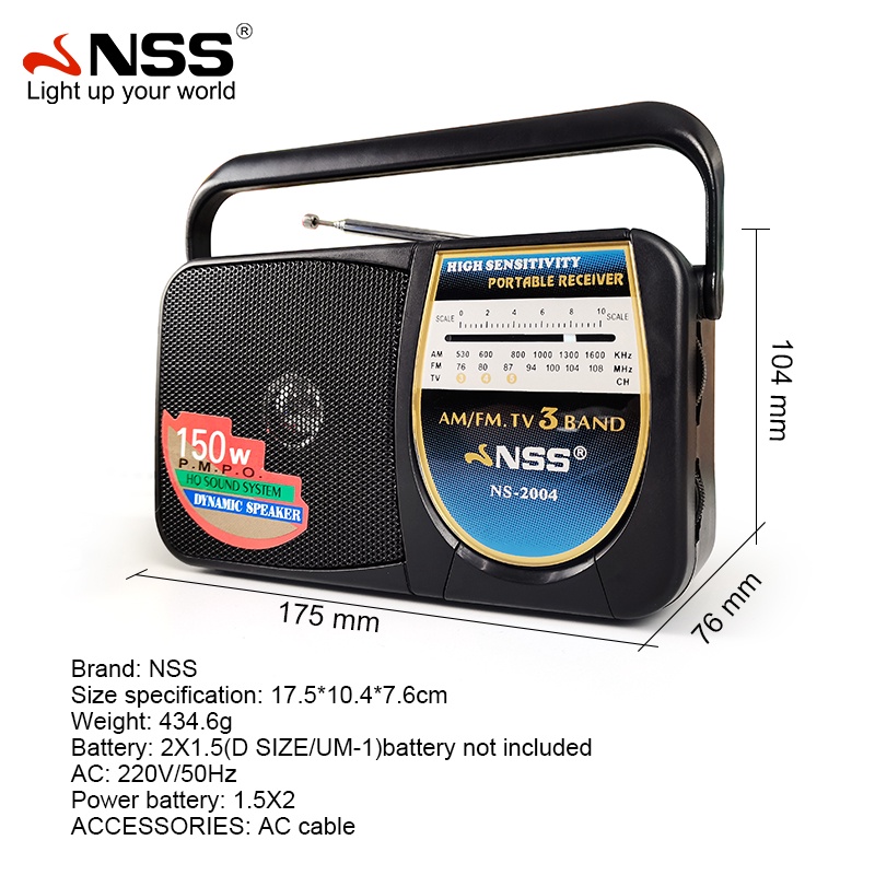 NSS Portable Radio with 3 BAND AM/FM/TV HIGH Sensitivity Receiver ...
