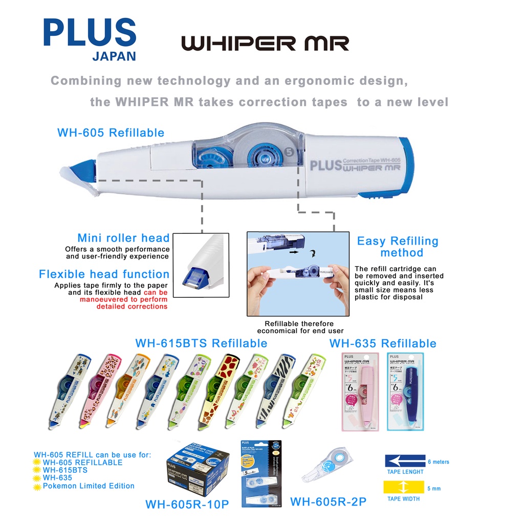 PLUS Correction Tape Refill 5MM X 6M MR WH-605R 10P Whiper-10 PCS Refill + 1Pc Plus Correction ...