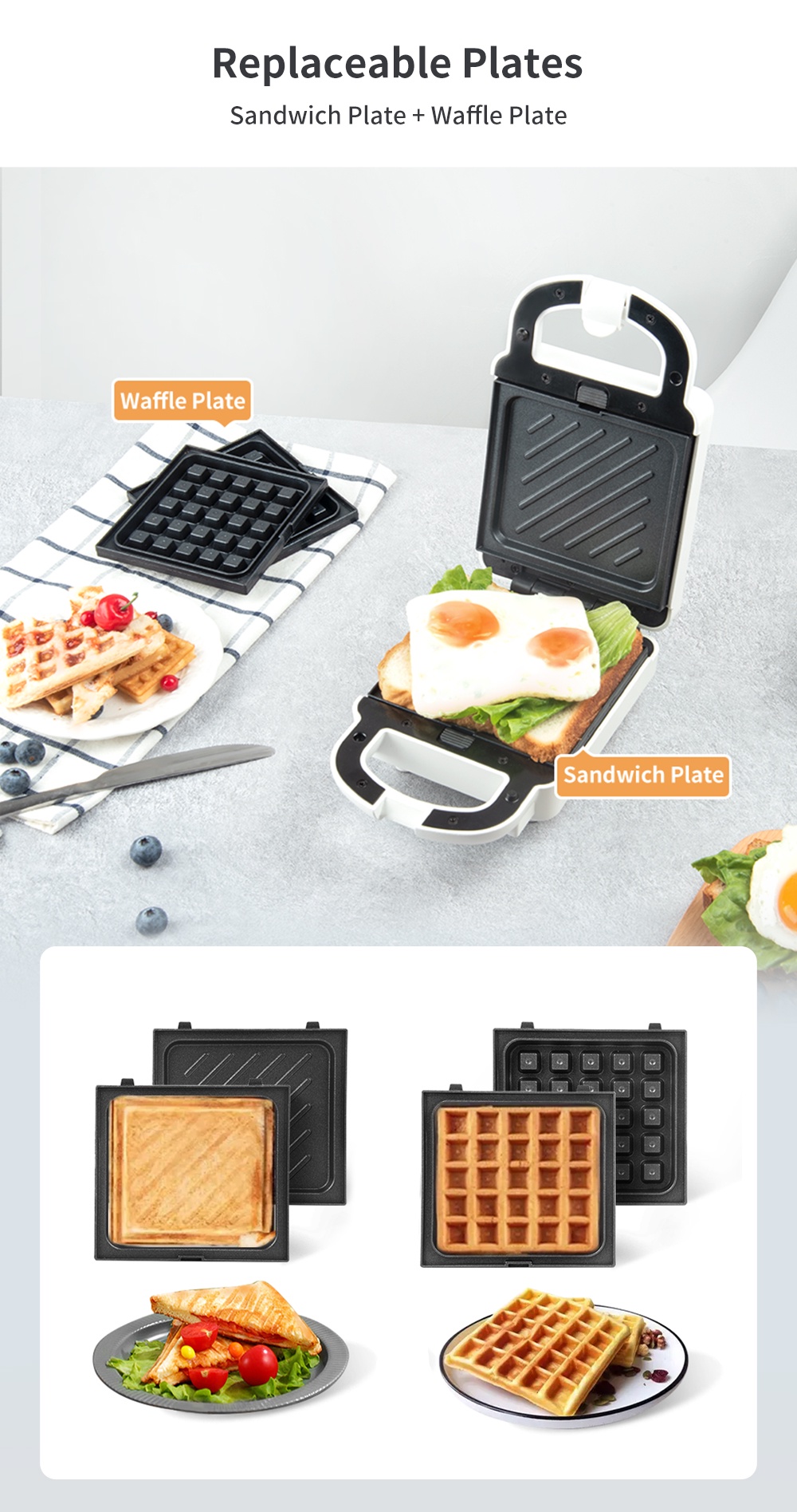 Simplus Waffle Maker Sandwich Maker 2 in 1 Replaceable Plates Breakfast ...