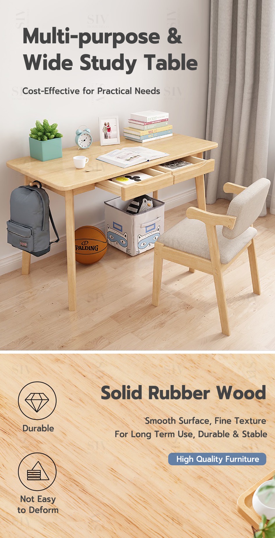 Siv Big Solid Wood Computer Table Study Desk Home Office Desktop ...