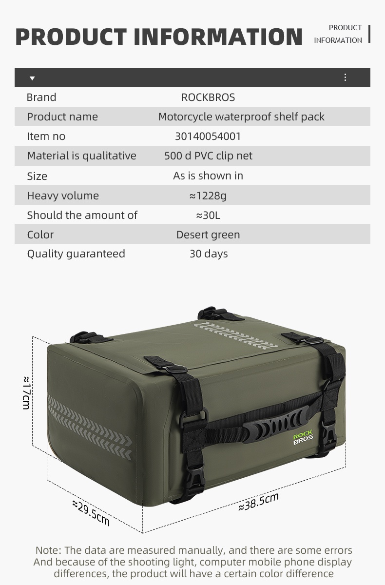 Rockbros Motorcycle Rear Bag Waterproof Back Seat Bag PVC 30L High ...